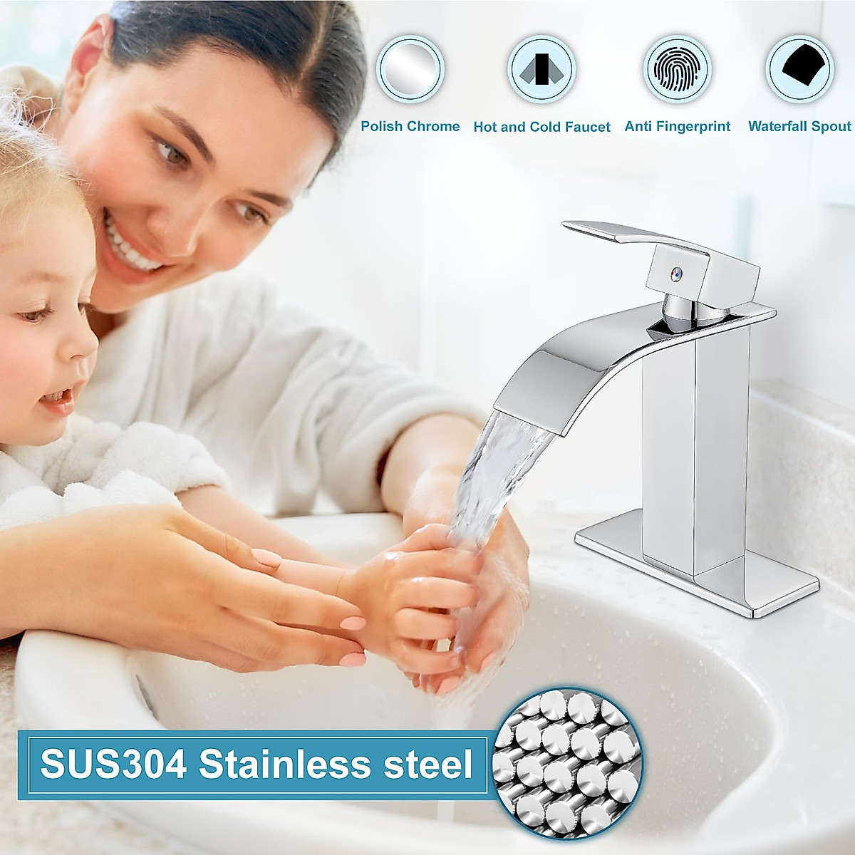 Midanya Bathroom Sink Faucet Waterfall Spout Single Handle 1 Hole Deck Mount Mixer Tap Lavatory Vanity Vessel Faucet Commercial with Pop Up Drain,Short, Polish Chrome