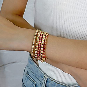 CONRAN KREMIX Gold Beaded Bracelets 14K Gold Plated Bead And Pink Heishi Clay Bead Stackable Stretch Bracelet Set Gold Jewelry For Women
