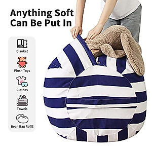 Miaowater 2 PCS Stuffed Animal Storage Bean Bag Chair Cover, Cotton Canvas Beanbag with Zipper for Organizing Kid's and Adults Room Vertical Stripe Blue 24"