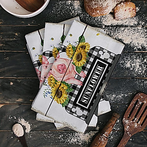 Kitchen Towels Truck with Pig Dish Towel Sunflower Farmhouse Black Buffalo Check Plaid Wood Grain Dishcloths 18x28 Inches Absorbent Soft Cotton Dish Cloths Bar Towels & Tea Towels