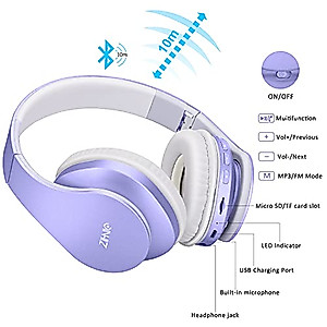 ZIHNIC Bluetooth Headphones Over-Ear, Foldable Wireless and Wired Stereo Headset Micro SD/TF, FM for Cell Phone,PC,Soft Earmuffs &Light Weight for Prolonged Wearing (Purple)