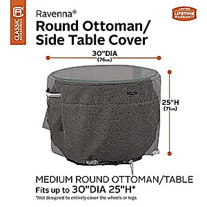 Classic Accessories Ravenna Water-Resistant 30 Inch Round Patio Ottoman/Table Cover, Outdoor Ottoman Cover, Dark Taupe