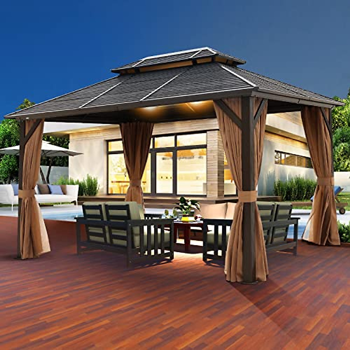 NOBLEMOOD 10’ x 13’ Hardtop Gazebo with Curtains and Netting, Double Roof Outdoor Gazebo with Canopy, Aluminum Frame Permanent Gazebo for Patio Garden