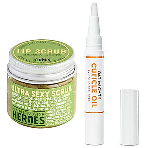 Save 20% - Handmade Heroes Lip Scrub and Cuticle Oil Pen Bundle - All Natural, Vegan Conditioning Lip Scrub and Repairing Cuticle Oil Pen