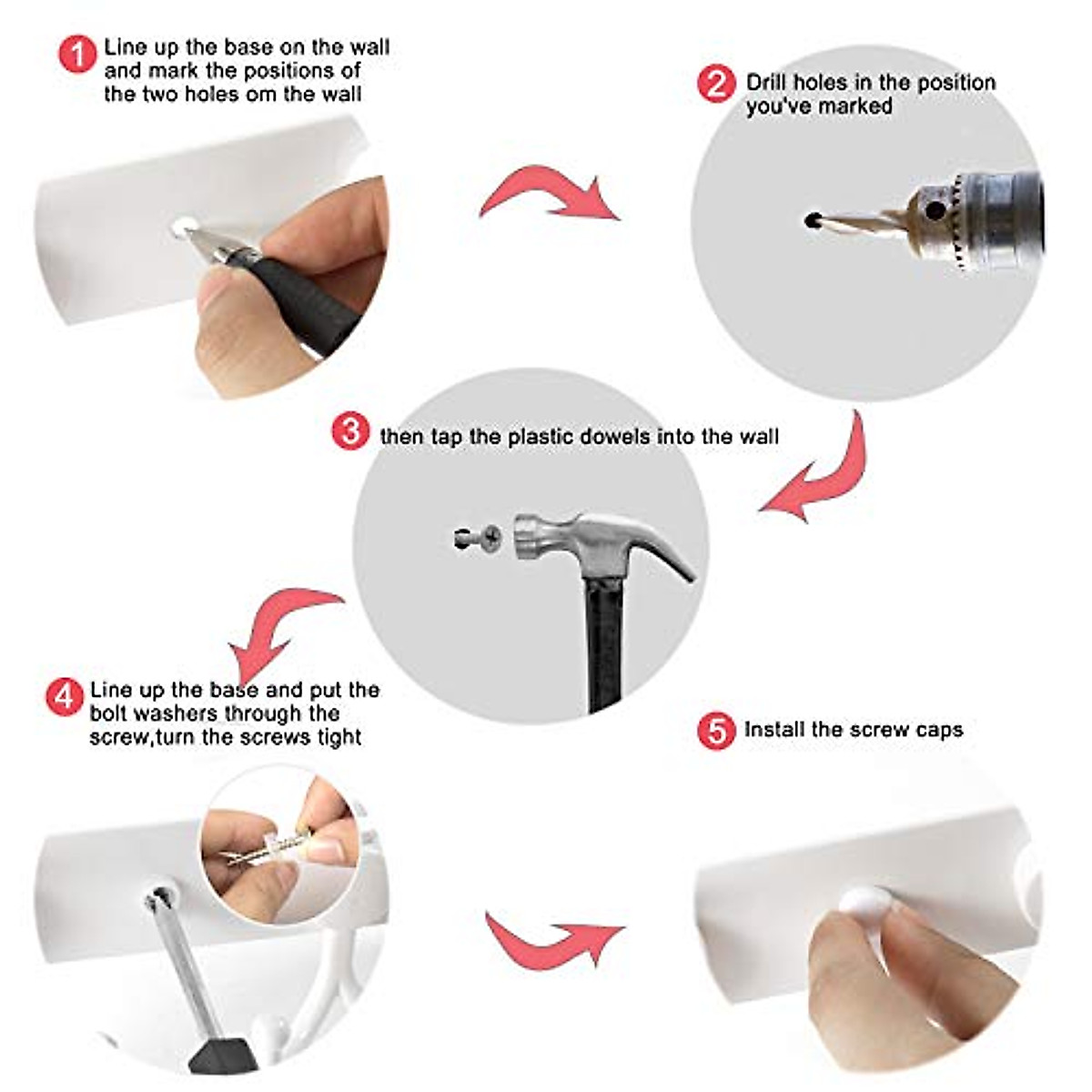 Coat Rack Wall Mounted, Coat Hanger Wall 5 Tri Hooks Heavy Duty Stainless Steel Coat Hook Rail for Coats Towels Purse Robes Keys and Hats(White)