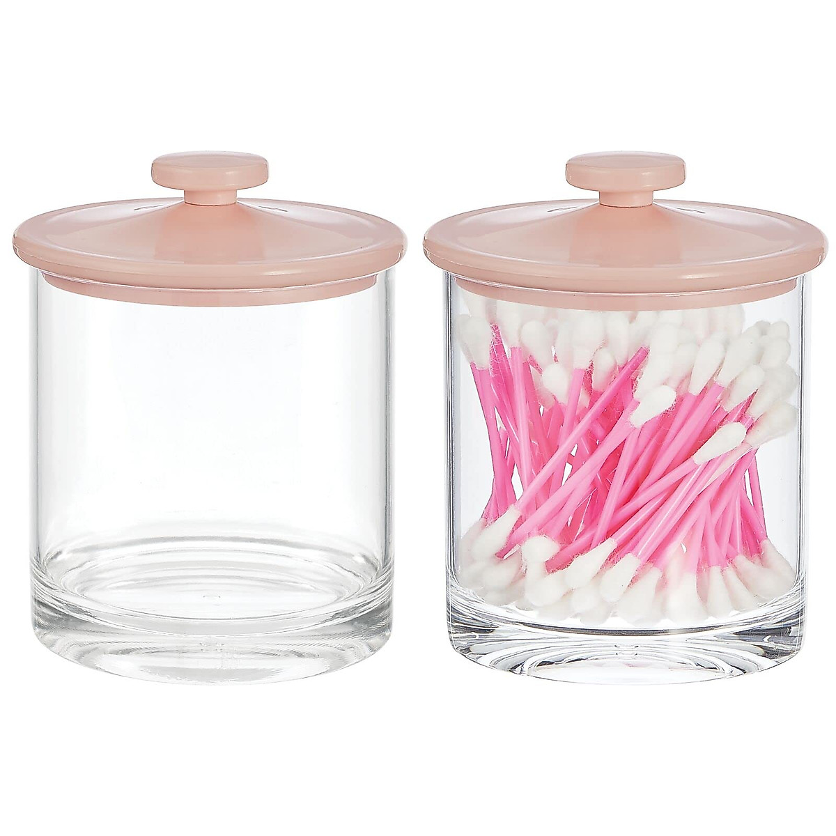 mDesign Small Modern Apothecary Storage Organizer Canister Jars - Acrylic Containers for Bathroom, Organization Holder for Vanity, Counter, Makeup Table, Lumiere Collection, 2 Pack, Clear/Light Pink