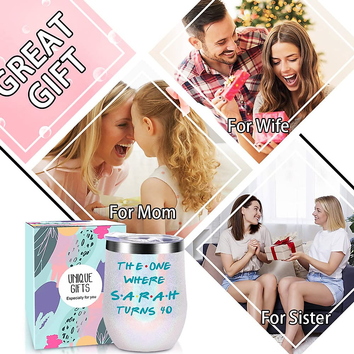 Personalized Birthday Wine Cup Gifts with Names Ages for Women Mom Daughter Aunt Sister Grandma Nana Gigi 12oz Custom Birthday Wine Tumbler with Lid Straw Bday Presents for Friends Female