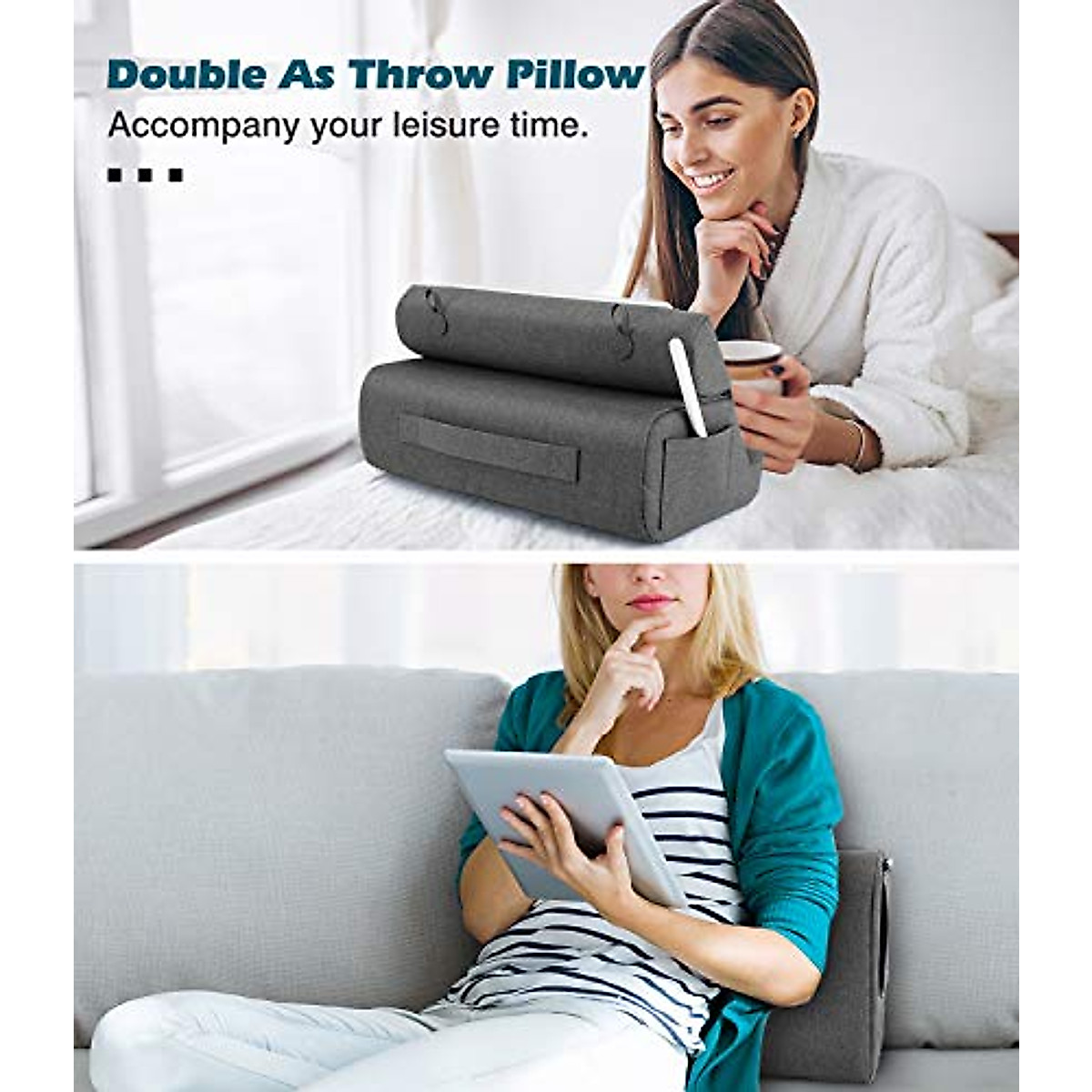 MoKo Tablet Pillow Holder, Foldable Soft Pillow Tablet Stand Up to 12.9", Sofa Throw Pillow for Xmas Gift, eReader, Fit with iPad 9 2021, iPad Mini 6, iPad Pro 12.9/11 2022,Galaxy Tab S7, Dark Gray