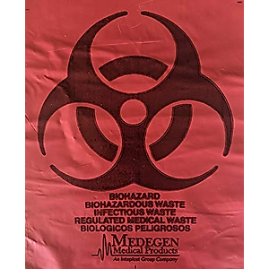 37" x 50" x 1.3 mil 44 Gallon Red Plastic Biohazard Infectious Waste Can Liners, Made in USA (roll of 15 bags)