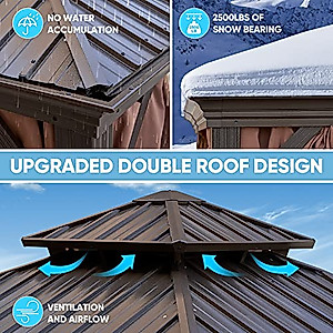 EMKK 12x12FT Hardtop Gazebo, Patic Gazebo Wooden Coated Hardtop Frame Canopy with Galvanized Steel Double Roof, Outdoor Permanent Metal Pavilion with Curtains and Netting for Deck,Garden, Backyard