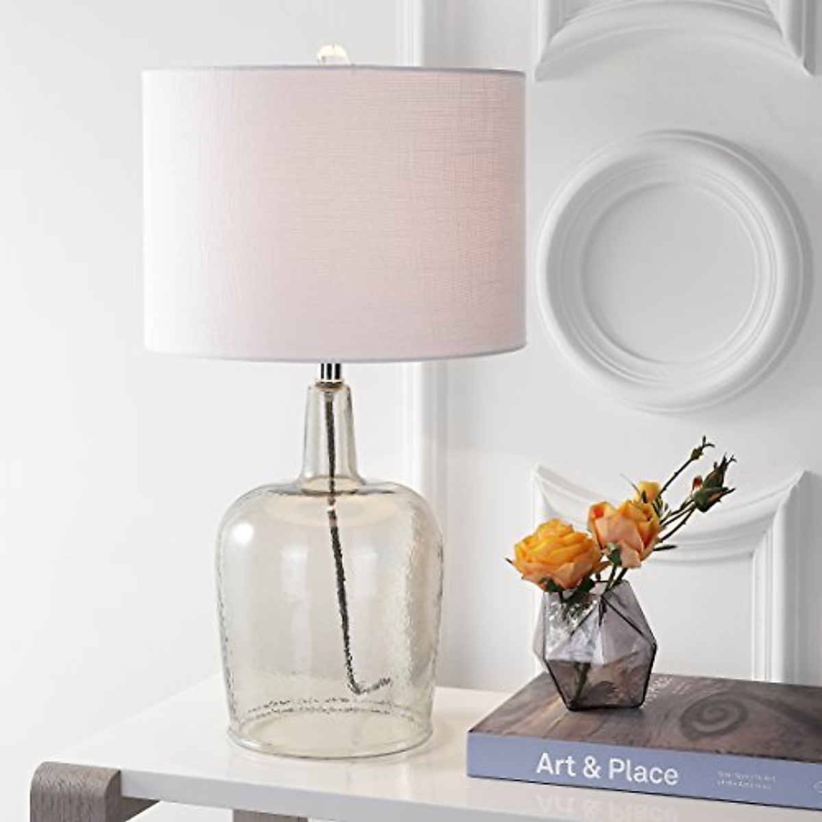 JONATHAN Y JYL4003A Augustine 26" Glass LED Table Lamp Modern Contemporary Bedside Desk Nightstand Lamp for Bedroom Living Room Office College Bookcase LED Bulb Included, Smoke Gray