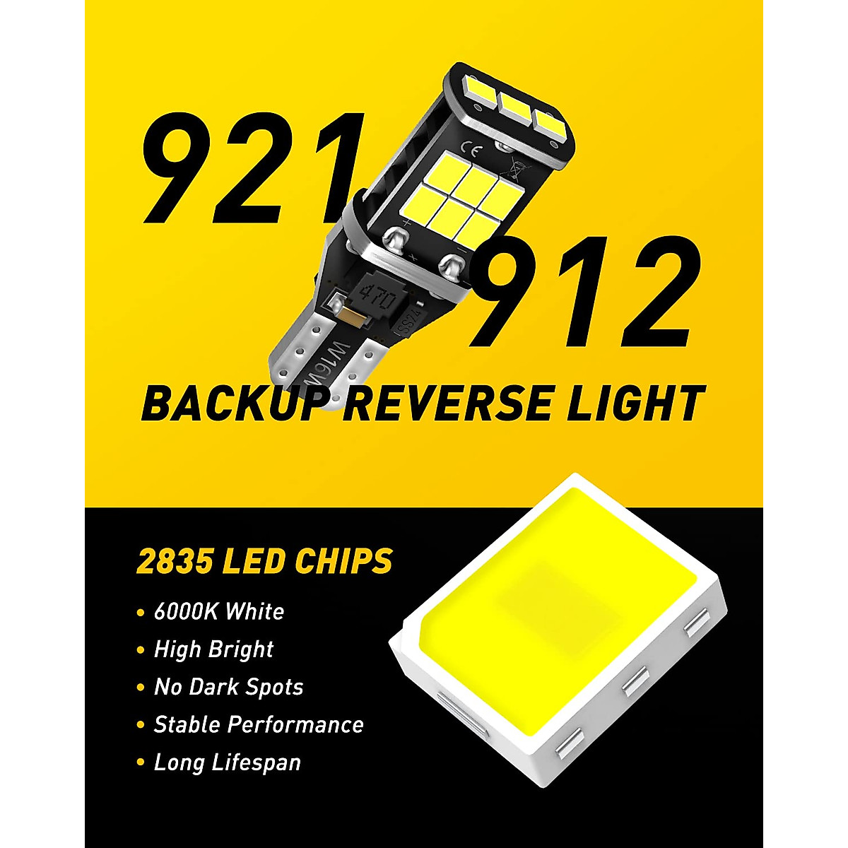 AUXITO 912 921 LED Bulb for Backup Light Reverse Lights High Power 2835 15-SMD Chipsets Error Free T15 906 922 W16W Bulbs, 6000K White (Upgraded, Pack of 2)