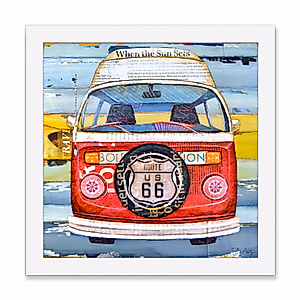 Get Your Kicks, Classic Antique Car Van Camper Danny Phillips Art Print, Unframed, Route 66 Retro Art Wall and Home Decor Poster, Mixed Media Collage Painting, All Sizes