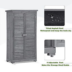 Outdoor Wooden Storage Shed with Floor, Wood Storage Cabinet Waterproof, Garden Tool Shed with 3-Tier Shelves, Outside Vertical Shed with Shutter Design, Fir Wood, Latch Lock (Gray)
