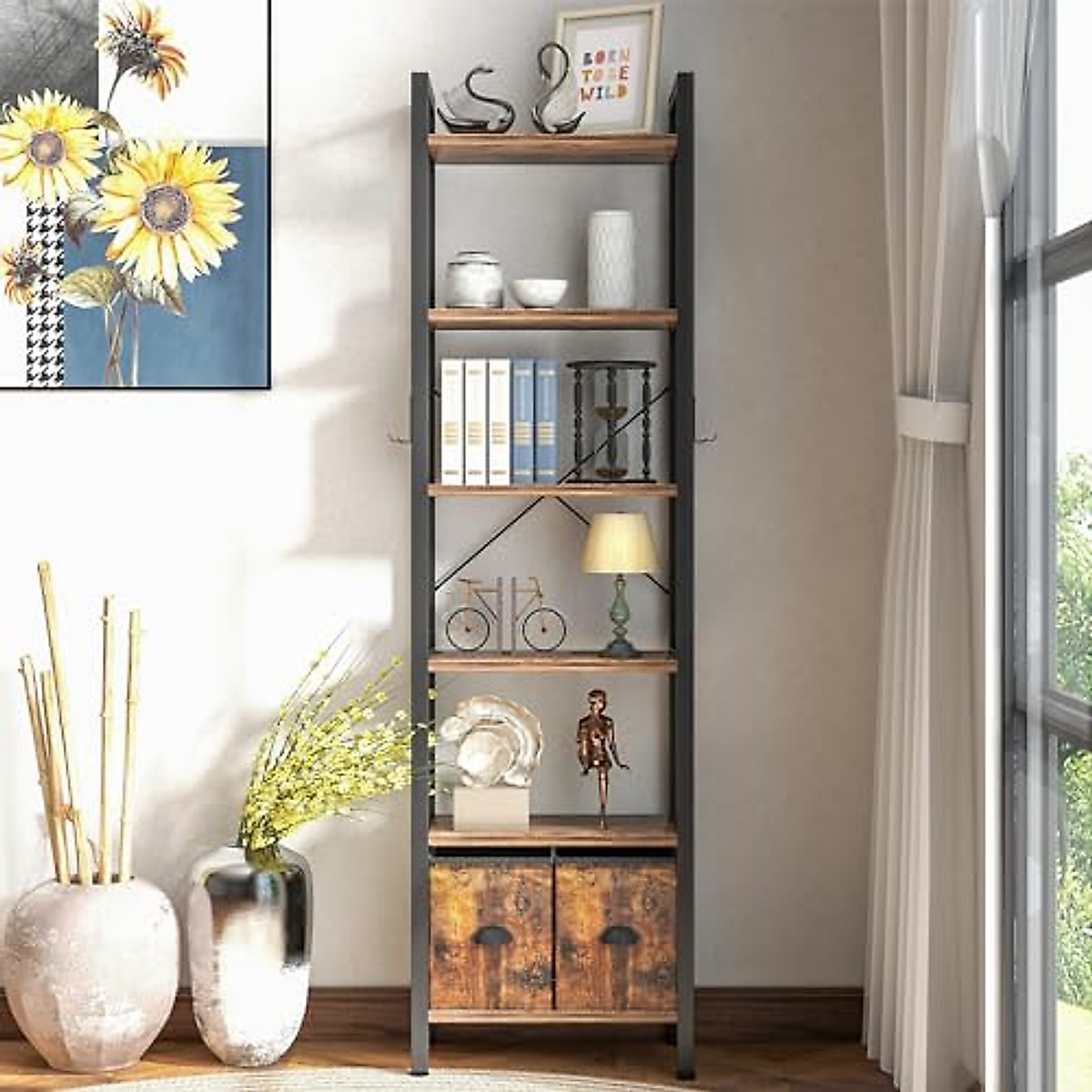 oneinmil 6-Tier Bookshelf with 2 Storage Drawers, Industrial Display Standing Shelf, Rustic Wood Storage Shelf with Metal Frame, Open Bookcases for Living Room, Bedroom, Home Office (Brown)