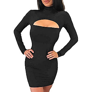 Haola Women's Long Sleeve Cut Out Front Sexy Club Bodycon Dress Party Mini Bandage Dress M Black