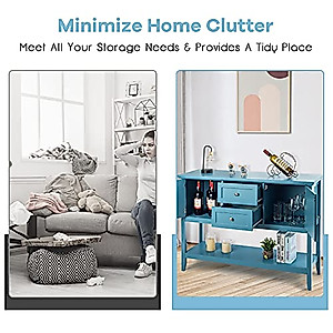 Hysache Buffet Sideboard, Wood Buffet Cabinet with 2 Drawers and 2 Storage Cabinets, Sideboard with Bottom Shelf, Ideal for Kitchen Living Room (Blue)