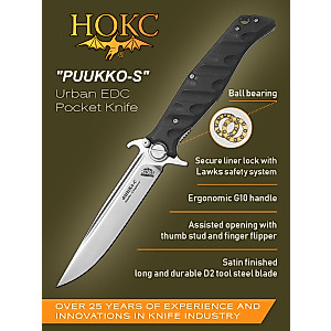 НОКС HOKC Puukko-S | 342-100406 | Pocket Knife with Liner Lock and Lawks Safety System, G10 Handle, Thumb Stud, Finger Flipper, Durable D2 Stainless Tool Steel, Satin Finished Utility Knife