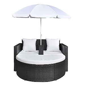 RINDIGOO Patio Seating Patio Bed with Parasol Black Poly Rattan,AllWeather Patio Rattan Lounge Set with Parasol and Detachable Footrest for Outdoor Relaxation Outdoor Furniture
