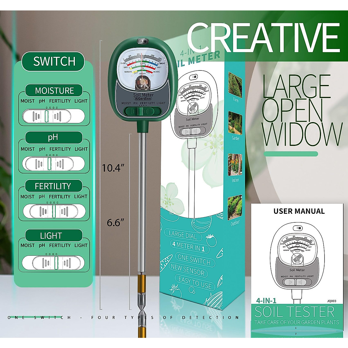AiGerdinn Soil Test Kit, Soil Moisture Meter/Light/Fertility/Soil PH Meter for Gardening, No Need Battery Soil Tester for Indoor&Outdoor Garden,Farm,Lawn -GrassGreen