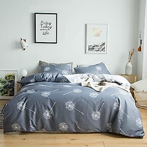 YuHeGuoJi Gray Botanical Duvet Cover Queen 100% Cotton Reversible Flower Duvet Cover 3 Pcs Set 1 White Dandelion Duvet Cover with Zipper Ties 2 Pillowcases Farmhouse Plant Print Bedding Set