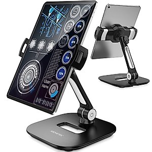 AboveTEK Aluminum iPad Stand, Foldable 360 Swivel Tablet Stand for Kitchen, Bedside, Office, POS, Showroom, Reception, Black