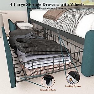 Kallabe King Size Bed Frame with 4 Storage Drawers, Upholstered Platform Bed with LED Light and Adjustable Headboard, Wooden Slats Support, No Box Spring Needed, Light Luxury Design，Dark Green