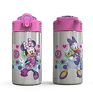 Zak Designs Disney Minnie’s Happy Helpers - Stainless Steel Water Bottle with One Hand Operation Action Lid and Built-in Carrying Loop, Kids Water Bottle with Straw Spout (15.5 oz, 18/8, BPA Free)