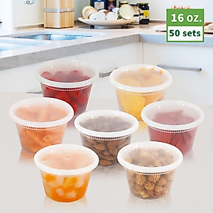[50 Sets - 16 oz.] Plastic Deli Disposable Food Storage Containers With Airtight Lids, Deli, Slime, Soup, Meal Prep Containers | BPA Free | Stackable | Leakproof | Microwave/Dishwasher/Freezer Safe…