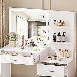 Rovaurx Makeup Vanity with 3-Color Dimmable Lighted Mirror, Large Vanity Table with Side Storage Shelf & 4 Drawers, Bedroom Dressing Desk, Brightness Adjustable, White RSZT107W