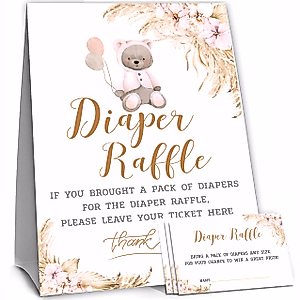 50 Diaper Raffle Tickets and 1 Self-standing Diaper Raffle Sign, Bear Boho Floral Baby Gender Reveal Party Supplies, Gender Neutral Baby Shower Decorations - LBLK-013