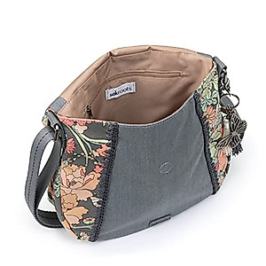 Sakroots Foldover Crossbody Bag in Cotton Canvas, Multifunctional Purse with Adjustable Strap & Zipper Pockets, Charcoal Flower Power