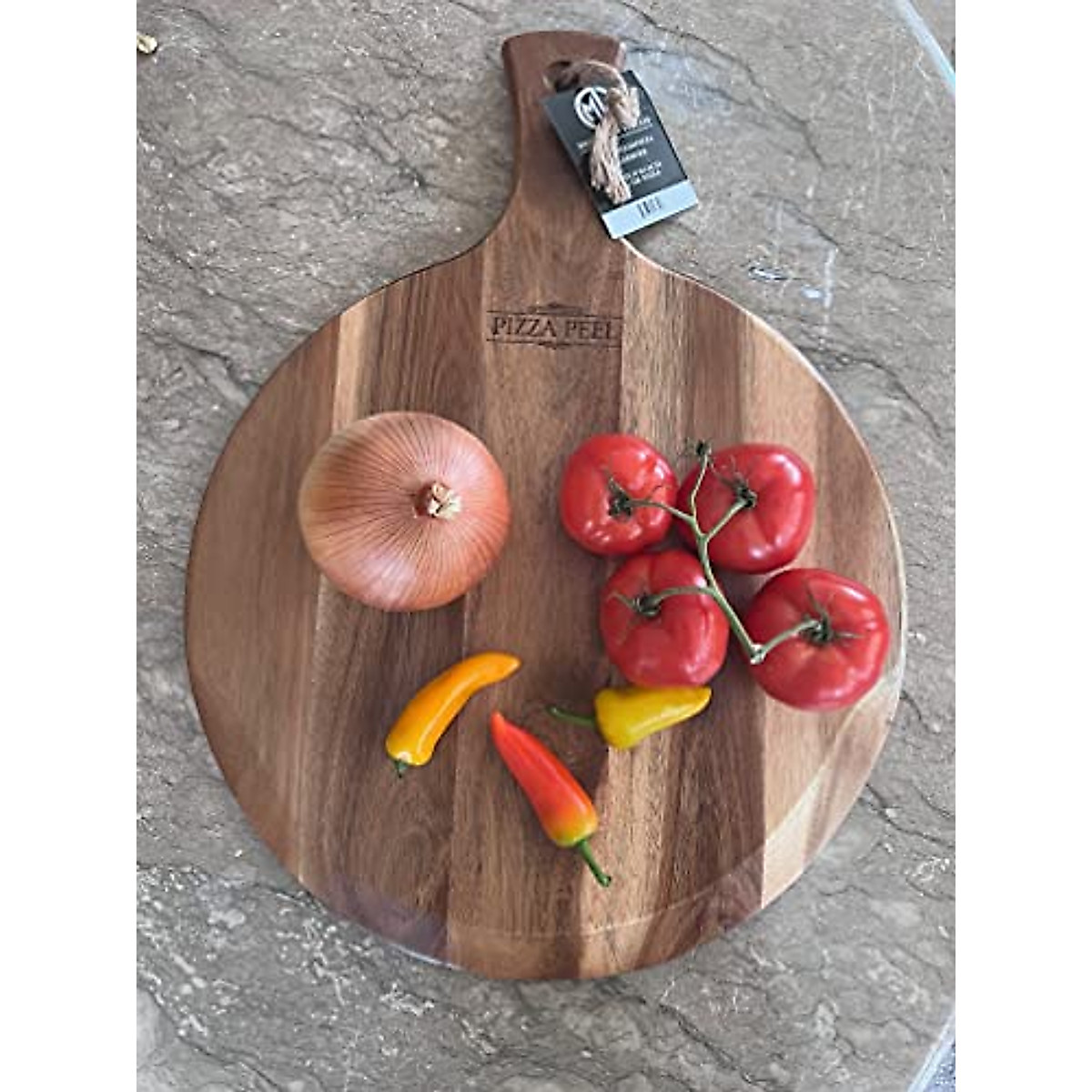 Mountain Woods Hand Crafted Large Acacia Wood Pizza Peel Charcuterie Board Artisanal Baking Board Cutting Board Serving Tray Paddle Serving Boards with Handle for Food, Fruits, Vegetables & Cheese Presentations - 21.25" x 16" x 0.625" (1)