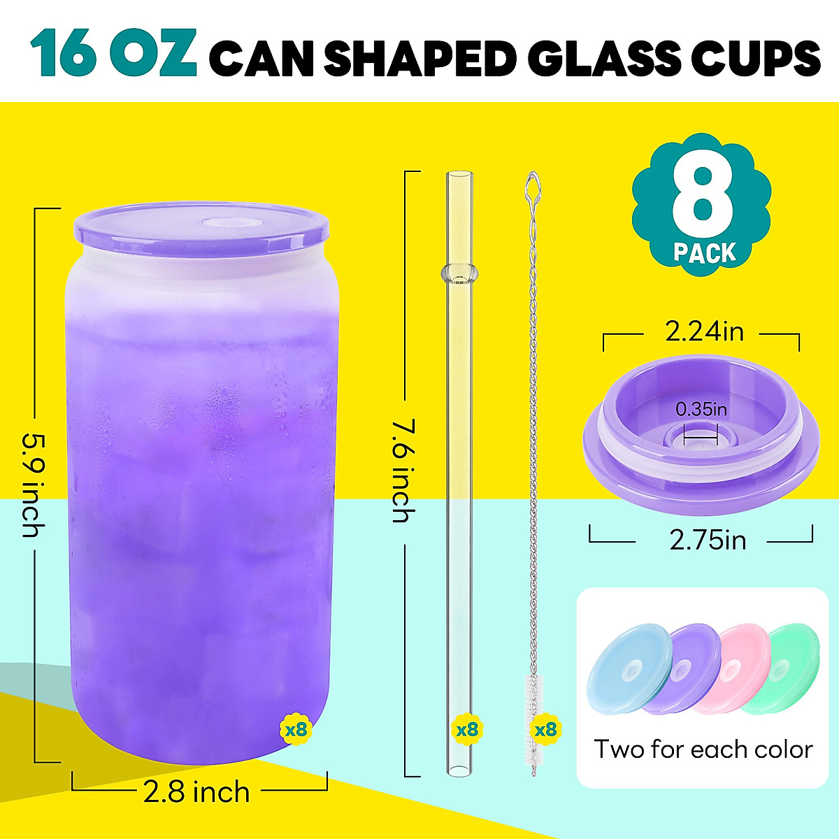 Joyclub 8 Pack Frosted Sublimation Glass Cups Blanks 16 OZ Borosilicate Can Glass Tumblers with Acrylic Lids for Beer, Juice, Soda, Iced Coffee