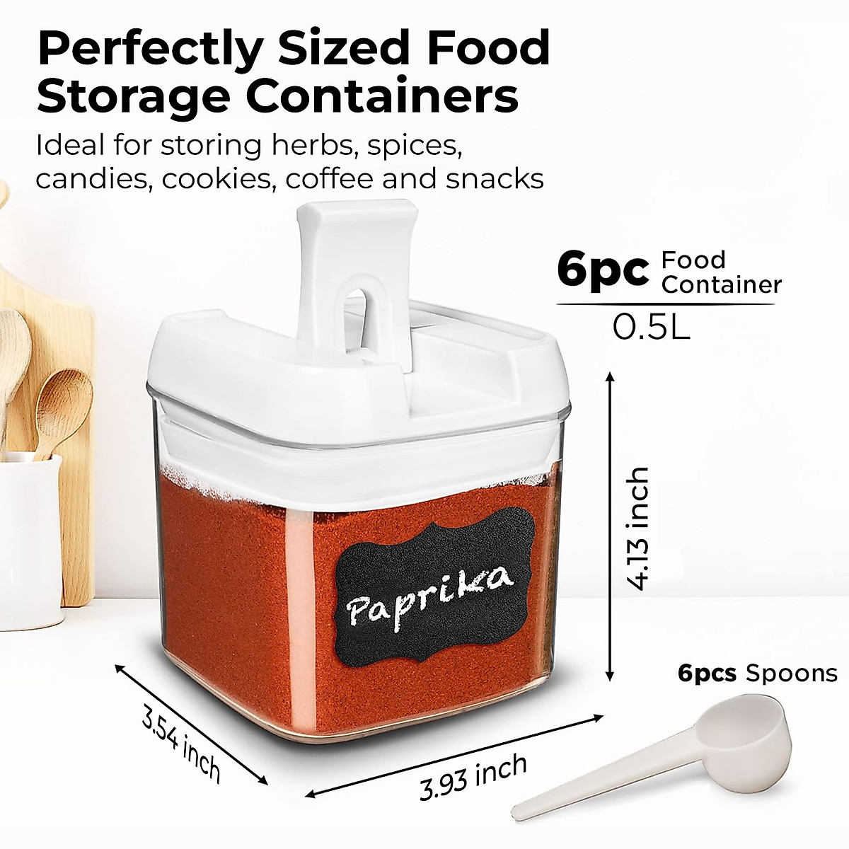 Shazo 6 PC Airtight Food Storage Containers + 6 Spoons - BPA Free Clear Plastic Snack & Spice Containers with Easy Lock Lids - Kitchen and Pantry Organization for Herbs, Coffee, Tea - 0.5L / 2.1 Cups