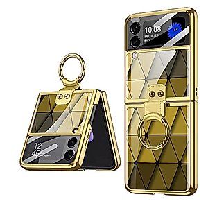 SHIEID Samsung Z Flip 4 Case, Z Flip 4 Case with Ring Phone Case, Electroplating Color Painting Tempered Glass Protective Cover for Samsung Galaxy Z Flip 4 5G, Rhombus Yellow