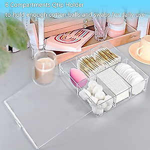 MYITYARD Qtip Holder, 6 Compartments Cotton Ball and Swab and Pad Dispenser with Lid, Clear Plastic Q-tip Storage Organizer for Bathroom Vanity Bedroom Dressing Countertop