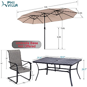 PHI VILLA 7 Piece Outdoor Dining Set with 13ft Double-Sided Large Umbrella for 6, Rectangle Metal Steel Dining Table & Textilene C-Spring Chairs Furniture Set for Patio (Beige)