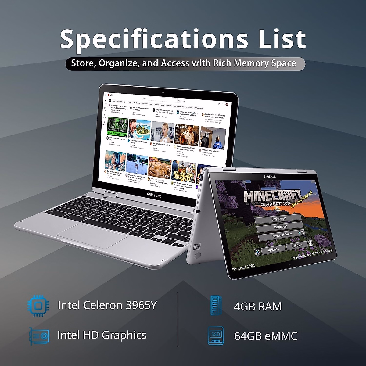 SAMSUNG Plus V2 2 in 1 360 12.2" FHD+ Touchscreen Chromebook Student, Intel Celeron 3965Y, 4GB RAM, 128GB Storage, Wi-Fi, Zoom Meeting, Dual Webcam, Stylus Pen, Wireless Mouse, Chrome OS, GM Accessory