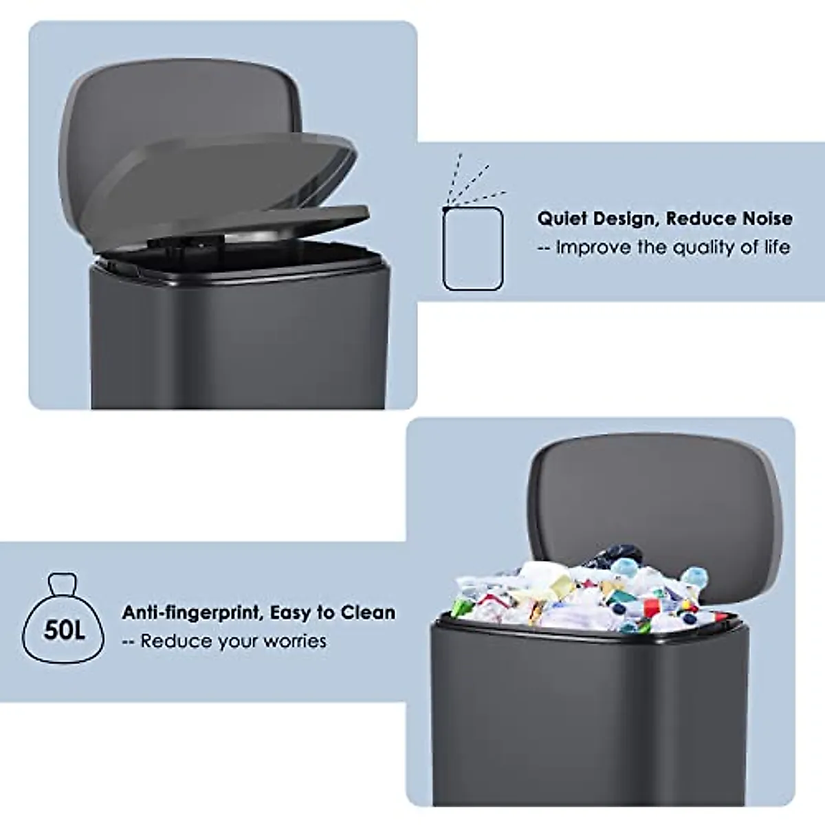 FINETONES Trash Can, Stainless Steel Garbage Can with Silent Lid, Durable Pedal & Inner Bucket, Pedal Garbage Bin for Kitchen Inside Outside (50L, Dark Gray)