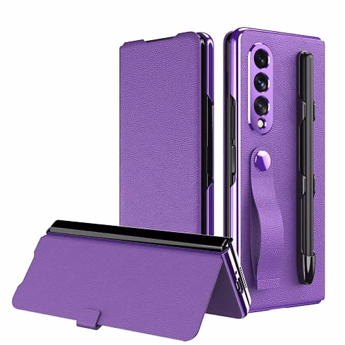 EAXER Compatible with Samsung Galaxy Z Fold 3 5G Case, Lychee Pattern Leather Magnetic Case with Pen Slot Luxury Phone Case Full Protection Cover Bumper Skin (Purple)