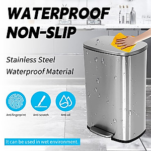 BLKMTY Trash Can 13 Gallon Trash Can Kitchen Trash Cans with Lid Stainless Steel Trash Bin Step Garbage Bin with Inner Bucket Pedal Rubbish Bin for Office Step-Open Steel Garbage Can, Silver