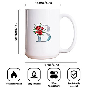 Yelolyio Watercolor Floral Monogram Coffee Mug, Alphabet Initial Letter B Coffee Cup, Monogram Mug Cup, 15oz