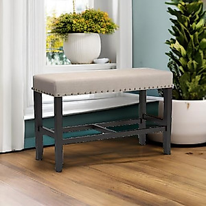 Roundhill Furniture Biony Fabric Counter Height Dining Bench with Nailhead Trim, Tan