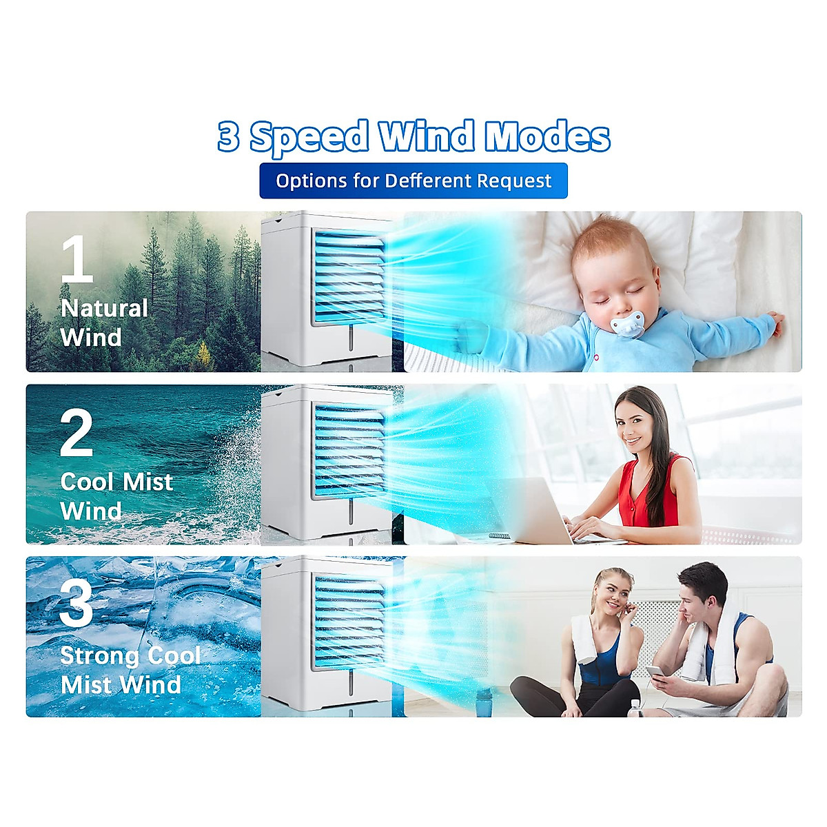 Portable Air Conditioners Fan, Evaporative Air Cooler with 3 Speeds 3 Timers, Personal Mini Air Cooler Touch Screen Desktop Cooling Fan with Large Water Tank for Home Room Office Camping Car