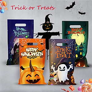 Artby7 50 Pcs Halloween Crafts Plastic Bag With Die Cut Handle, 6.5''x10'' Trick or Treat Bags Goodie Bags Halloween Candy Gift Bags for Halloween Party Favors Supplies Decorations