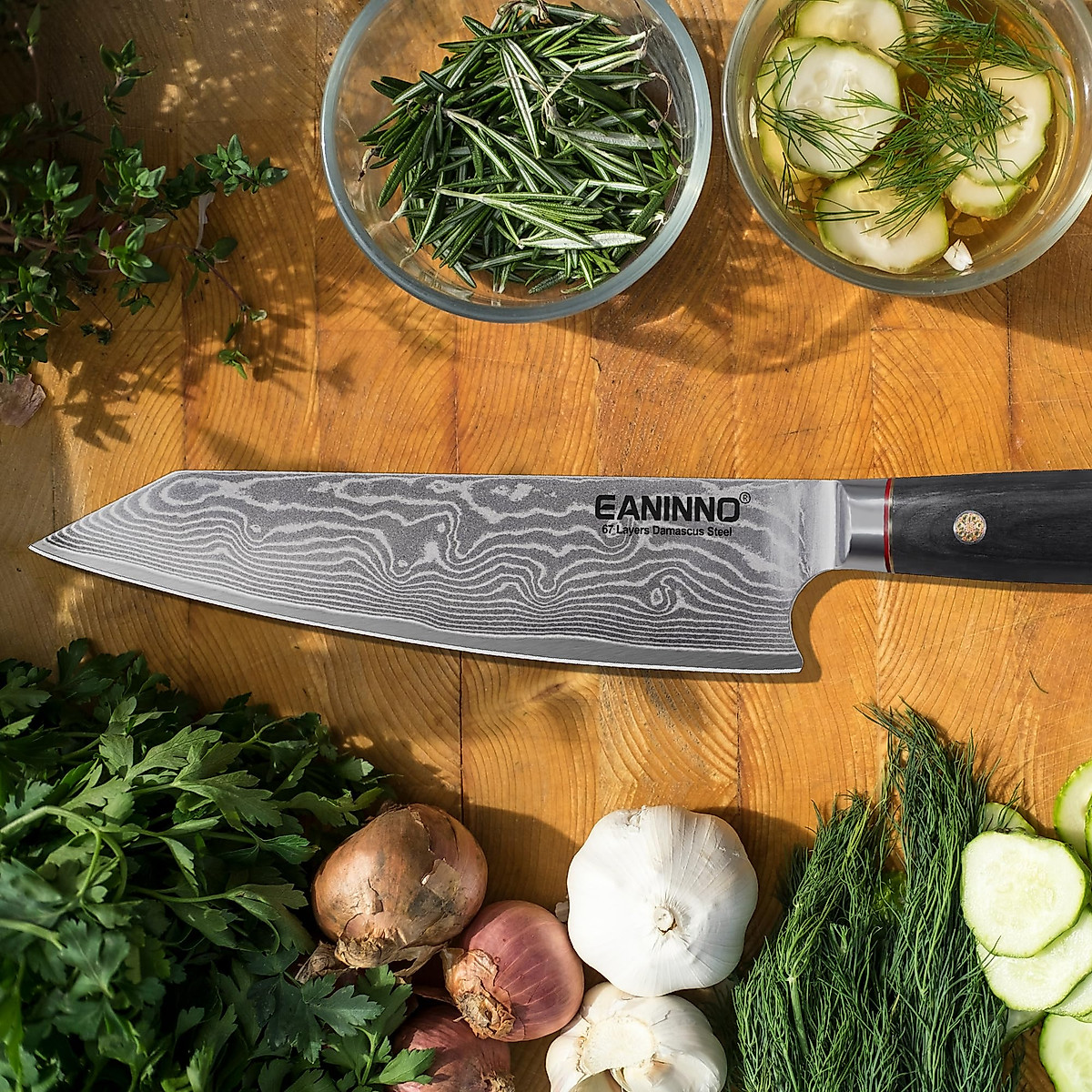 EANINNO Damascus Chef Knife 8 Inch Japanese Kitchen Knife, Sharp Professional Chefs Knife 67 Layers High Carbon Damascus Stainless Steel Vg10 Cutting Knife