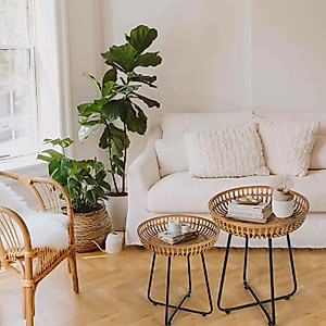 Oakrain Rattan Side Table Nesting Tables Set of 2, Bamboo Round Table Coffee Table Metal Base End Table for Boho Living Room, Sofa, Bedroom, Terrace, Accent Table(20.47inch)