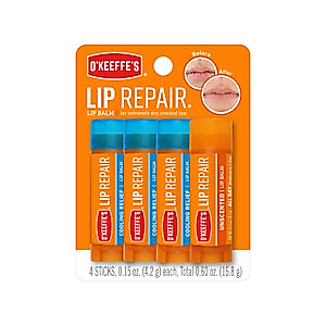 O'Keeffe's Lip Repair Lip Balm for Dry, Cracked Lips, Stick, (Pack of 4: 3 Cooling + 1 Unscented)
