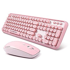 Pink Wireless Keyboard Mouse Combo, 2.4GHz Retro Typewriter, Letton Full Size Office Computer Keyboard and Cute Mouse with 3 DPI for Mac PC Desktop Laptop